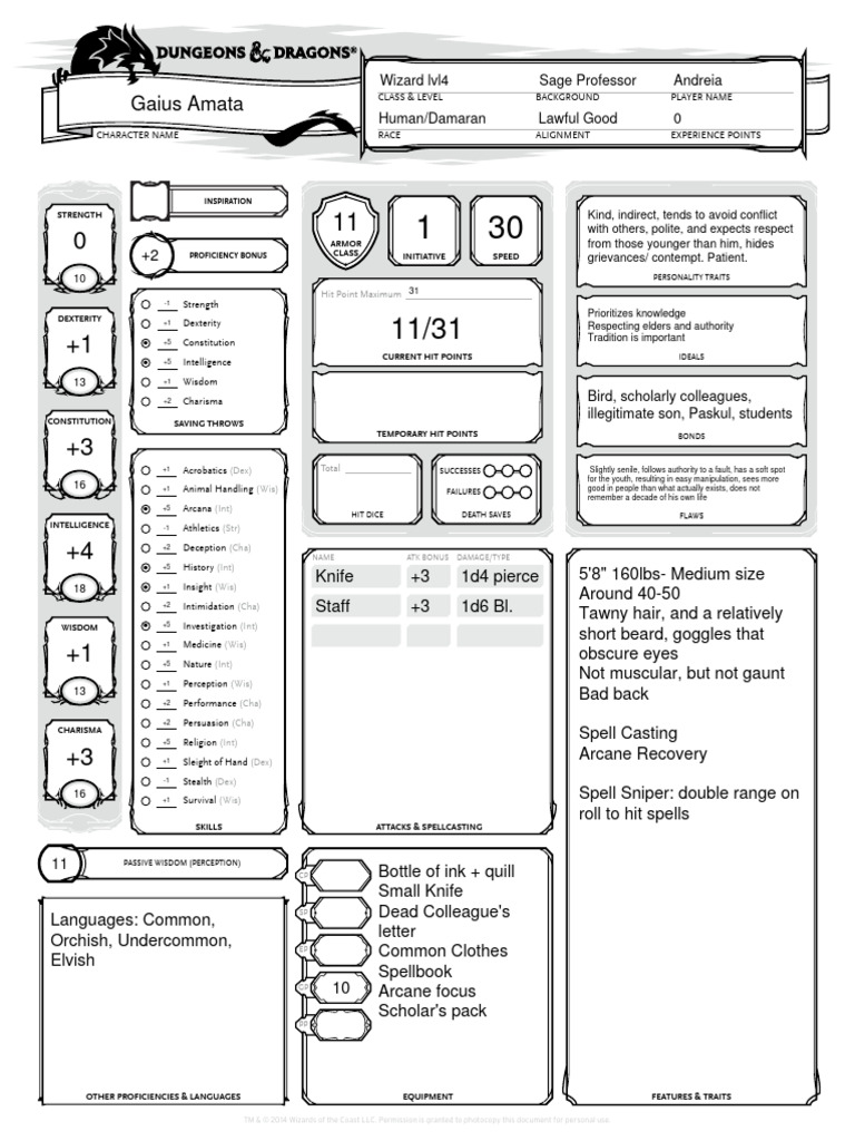 Gaius Amata Character Sheet DND | PDF | Role Playing Games