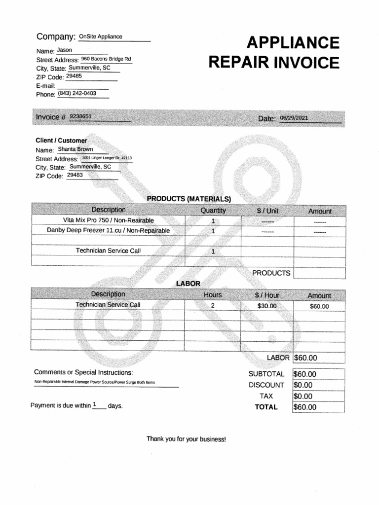 Appliance Repair Invoice Claim 40-21J9-88J | PDF