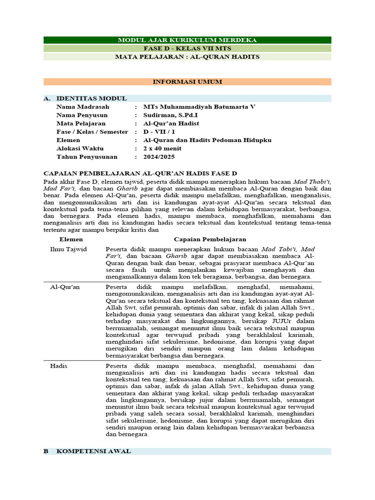 Modul Qurdis 7 Bab 1 - Al-Qur - An Dan Hadis Pedoman Hidupku-1 | PDF