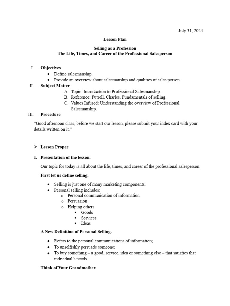 Lesson Plan | PDF | Sales | Retail