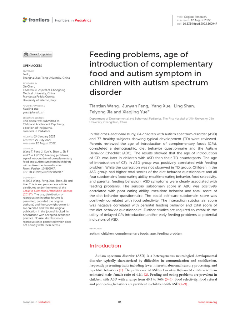 Feeding Problems, Age of Introduction of Complementary Food and Autism ...