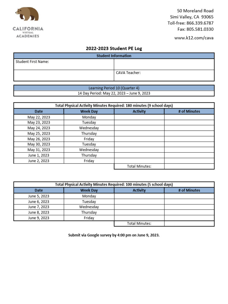 22-23 SY_Student PE Log_LP10 | PDF