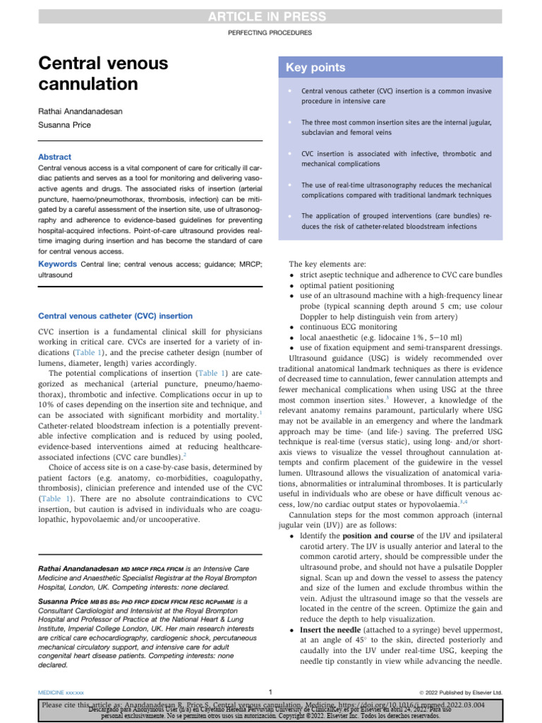 Central Venous Cannulation | PDF | Medical Ultrasound | Vein