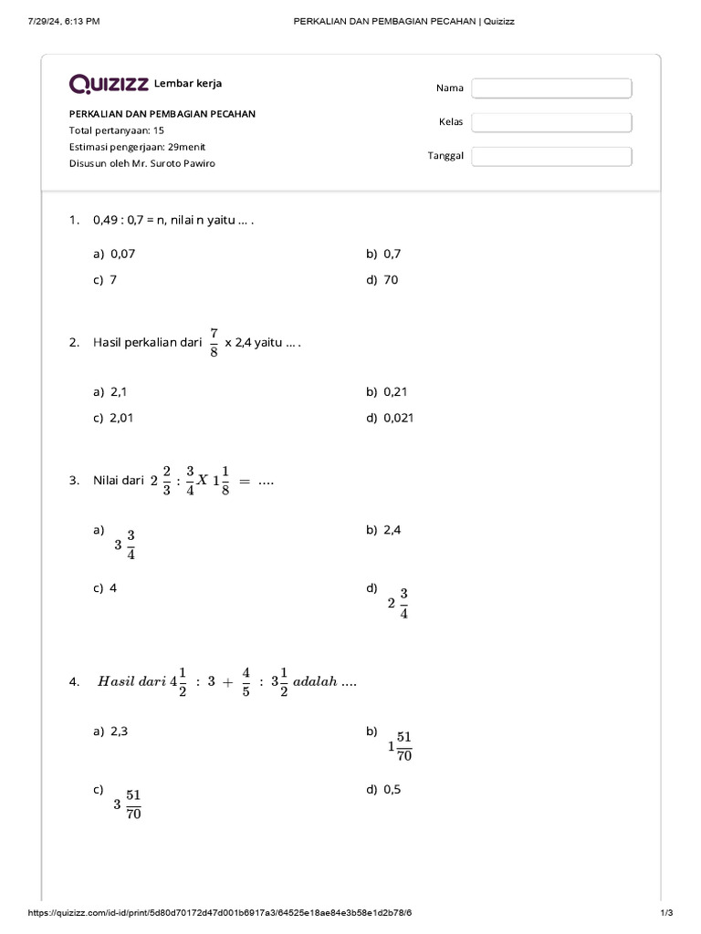 Quizizz - PERKALIAN DAN PEMBAGIAN PECAHAN | PDF