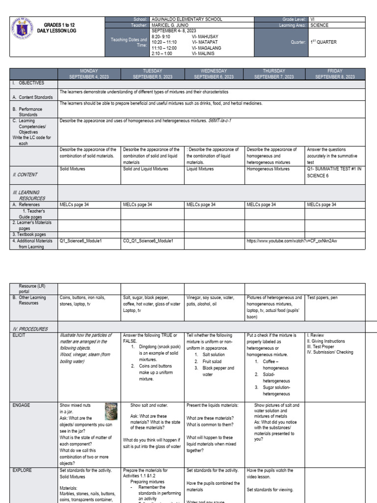 DLL - Science 6 - Q1 - W1 - 2023 | PDF | Mixture | Homogeneity And ...
