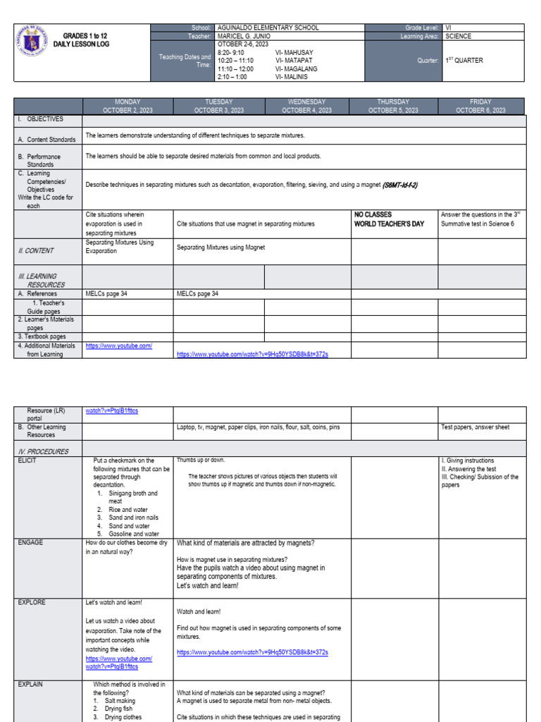 DLL - Science 6 - Q1 - W6 - 2023 | PDF | Evaporation | Water