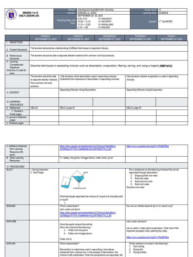DLL - Science 6 - Q1 - W5 - 2023 | PDF | Evaporation | Water