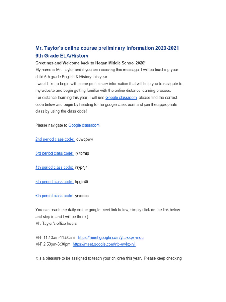 Mr. Taylor Parent Letter 2020-2021 | PDF | Social Science | Wellness