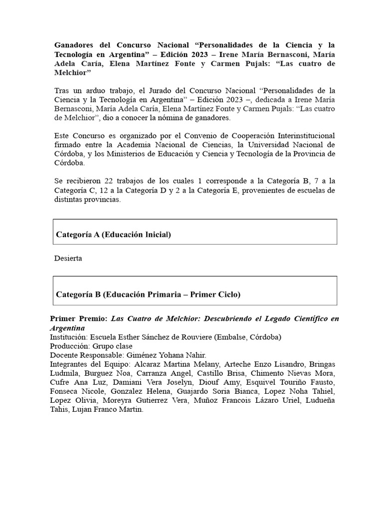Ganadores Concurso Ciencia Argentina 2023 | PDF | Argentina