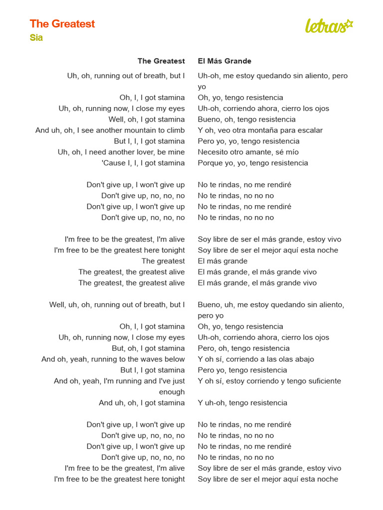 Letra en español de "The Greatest" | PDF | Música grabada | Singles ...