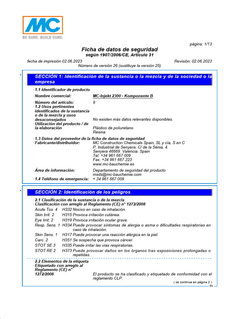 HDS MC-Injekt - 2300 - Komponente - B - ES - ES - SDS | PDF | Alergia ...