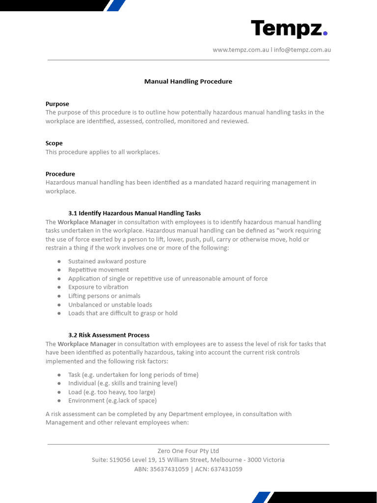 Tempz - Manual Handling Procedure | PDF | Risk | Working Conditions