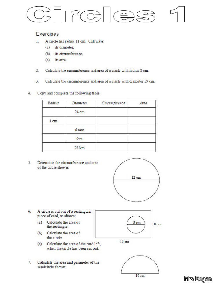 Circles Worksheet 1 Mixed Questions Year 10 Mathematics | PDF