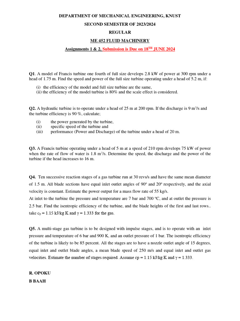 ME 452 ALL Assignments 1 & 2 & 3 REGULAR 2024 | PDF | Turbine | Pump