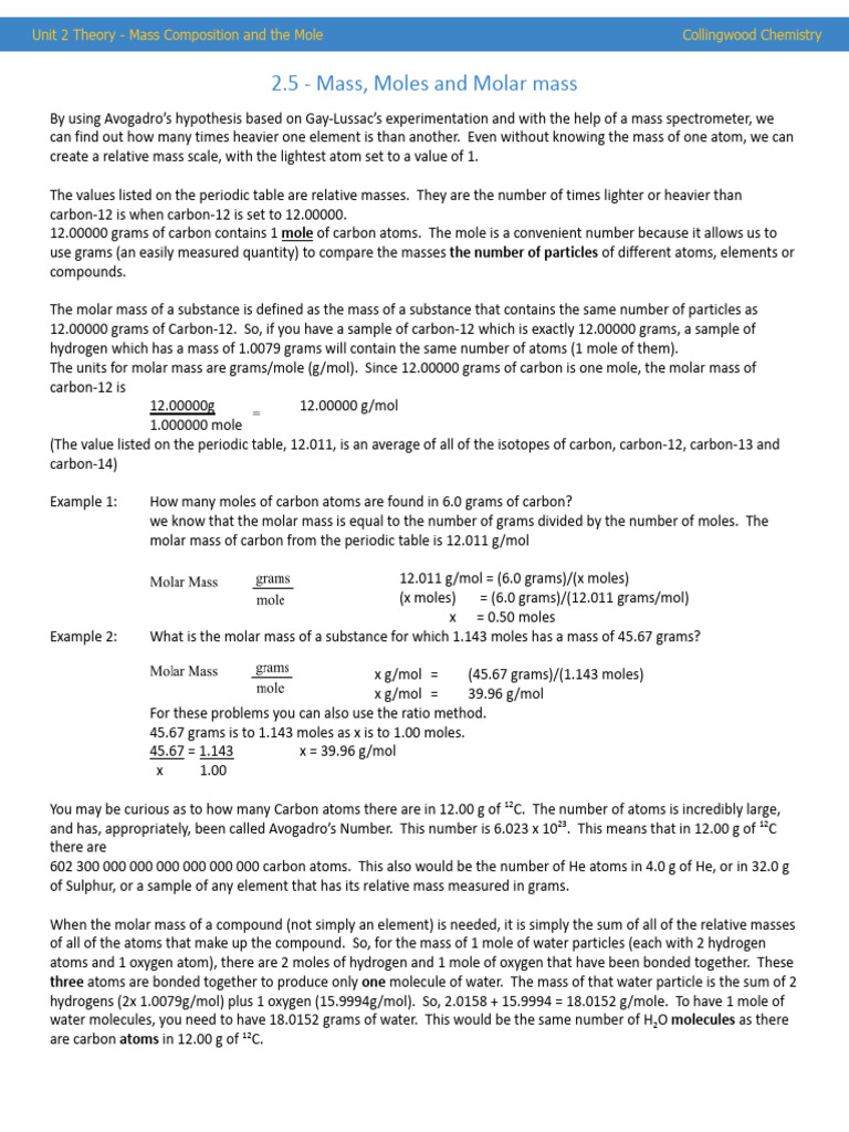 2.5 Theory - Molar Mass | PDF | Mole (Unit) | Physical Chemistry