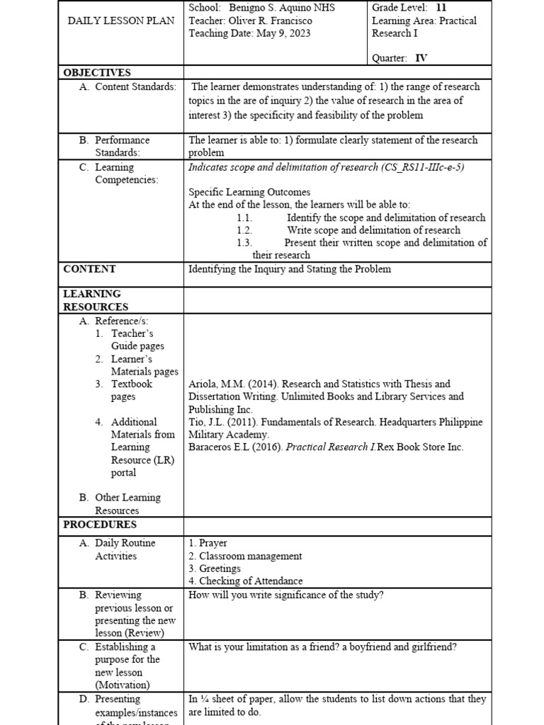 Day 2 Scope and Delimit | PDF | Learning | Teachers