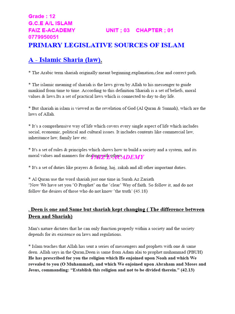 Primary Legislative Sources of Islam Unit 03 | PDF | Prophets And ...