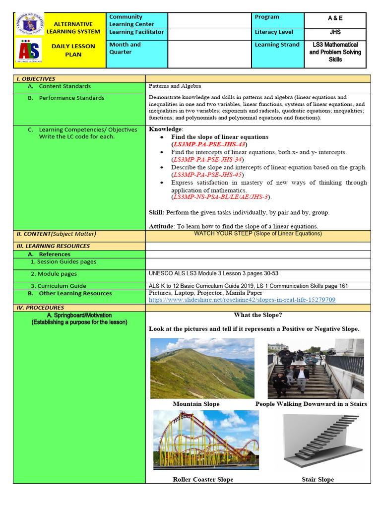 LS3 Math-DLP-JHS (WATCH YOUR STEEP (Slope of Linear Equations) | PDF ...