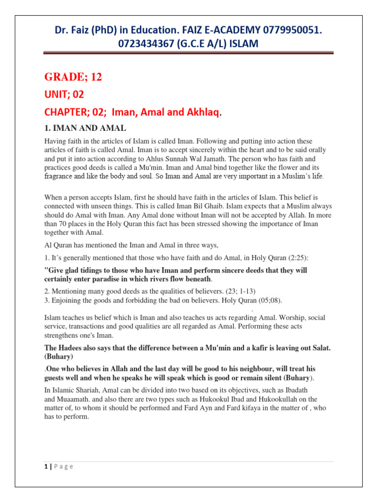 UNIT 2 Chapter 2 MAN AND AMAL AND AKLAQ | PDF | Islamic Ethics ...