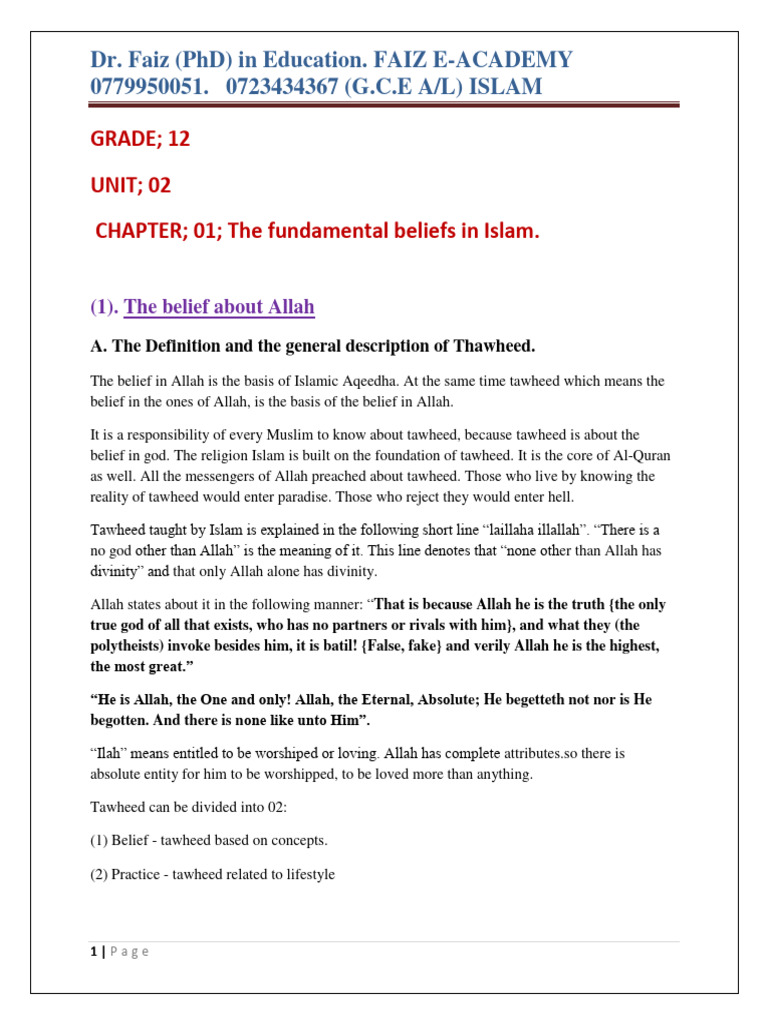 Unit 2 1st Chapter ISLAM PDF | PDF | Prophets And Messengers In Islam | Tawhid