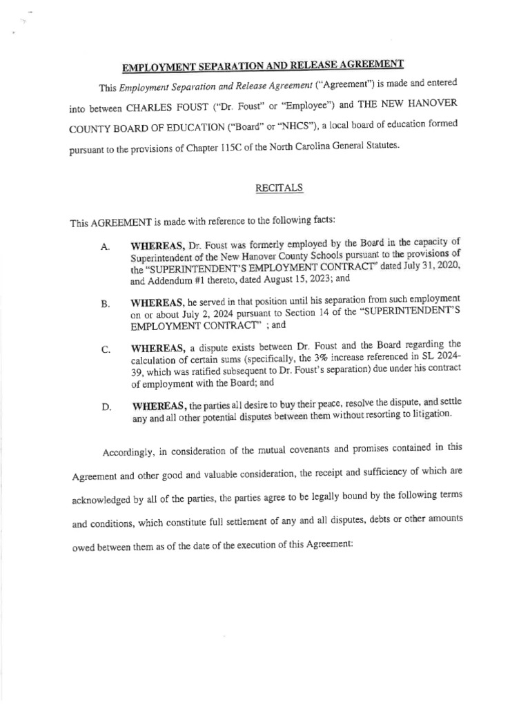 Dr. Charles Foust Employment Separation and Release Agreement | PDF
