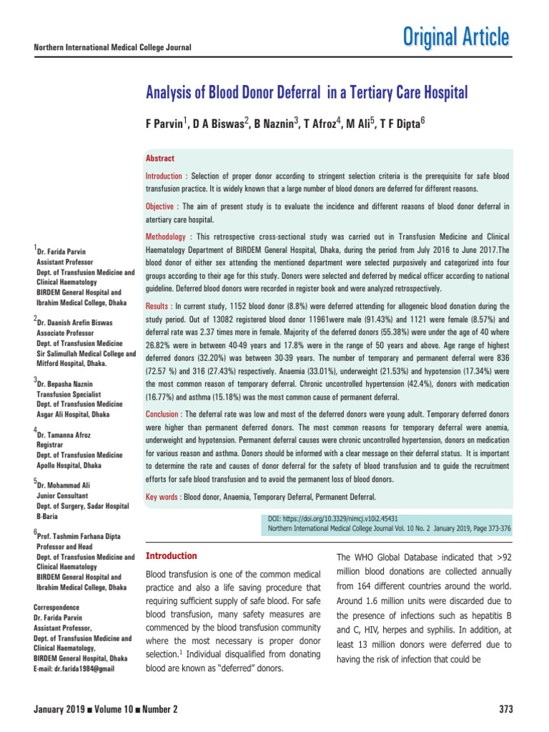 Analysis of Blood Donor Deferral in A Tertiary Car | PDF | Blood ...