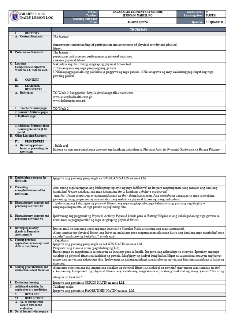 DLL - Mapeh 5 - Q1 - W2 - D4 | PDF