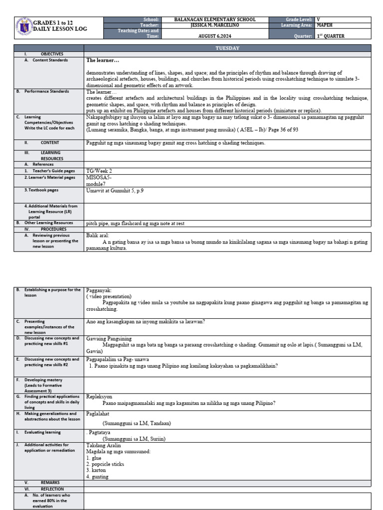 DLL - Mapeh 5 - Q1 - W2-D2 | PDF | Cognition | Behavior Modification