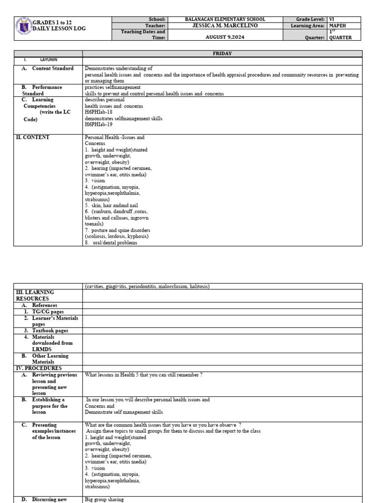 DLL - Mapeh 6 - Q1 - W2-D4&5 | PDF | Cognition | Behavior Modification