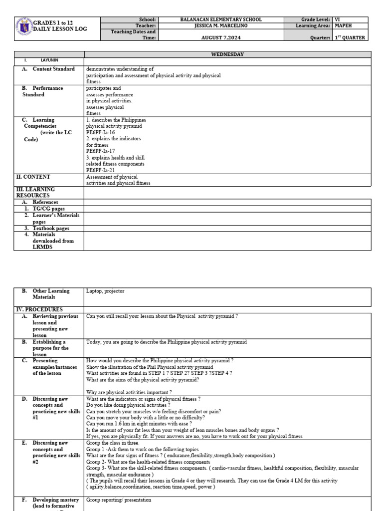 Dll Mapeh 6 Q1 W2 D3 Pdf Physical Fitness Learning