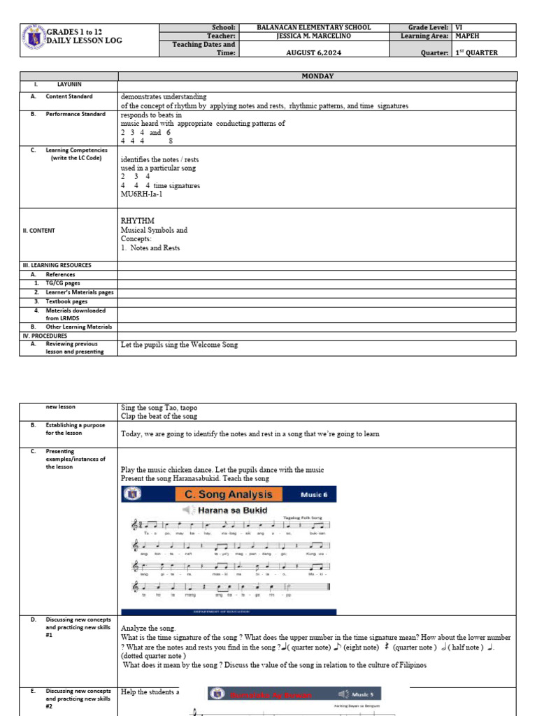 DLL - Mapeh 6 - Q1 - W2-D1 | PDF | Learning | Human Communication