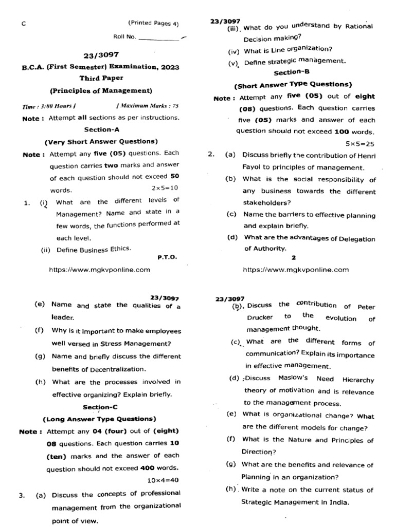 Bca 1 Sem Principles of Management 3097 2023 | PDF