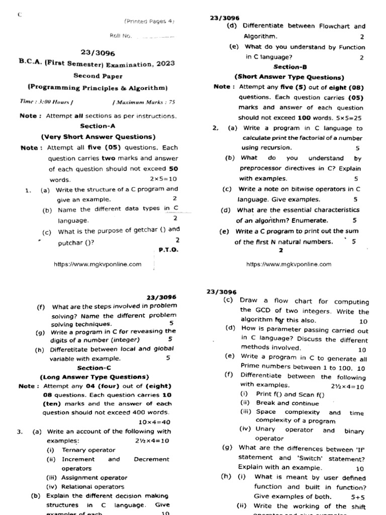 Bca 1 Sem Programming Principles and Algorithm 3096 2023 | PDF