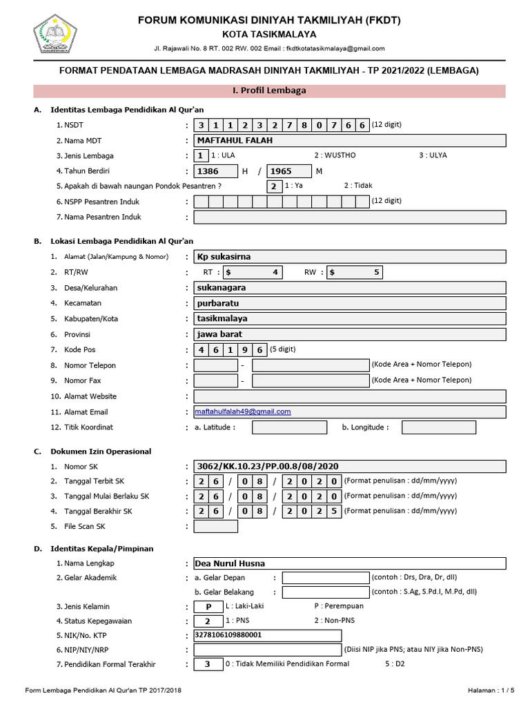 766.maftahul Falah Form Pendataan Madrasah 2021 | PDF