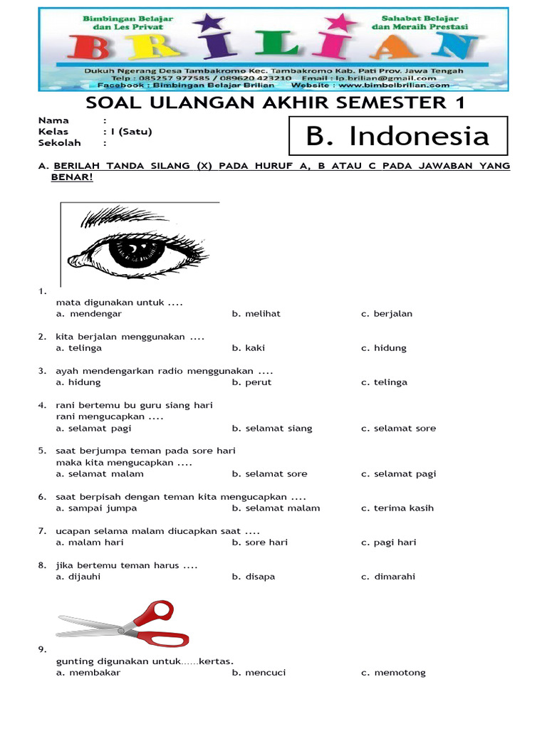 Soal UAS Bahasa Indonesia Kelas 1 SD Semester 1 (Ganjil) Dan Kunci Jawaban (Www.bimbelbrilian ...