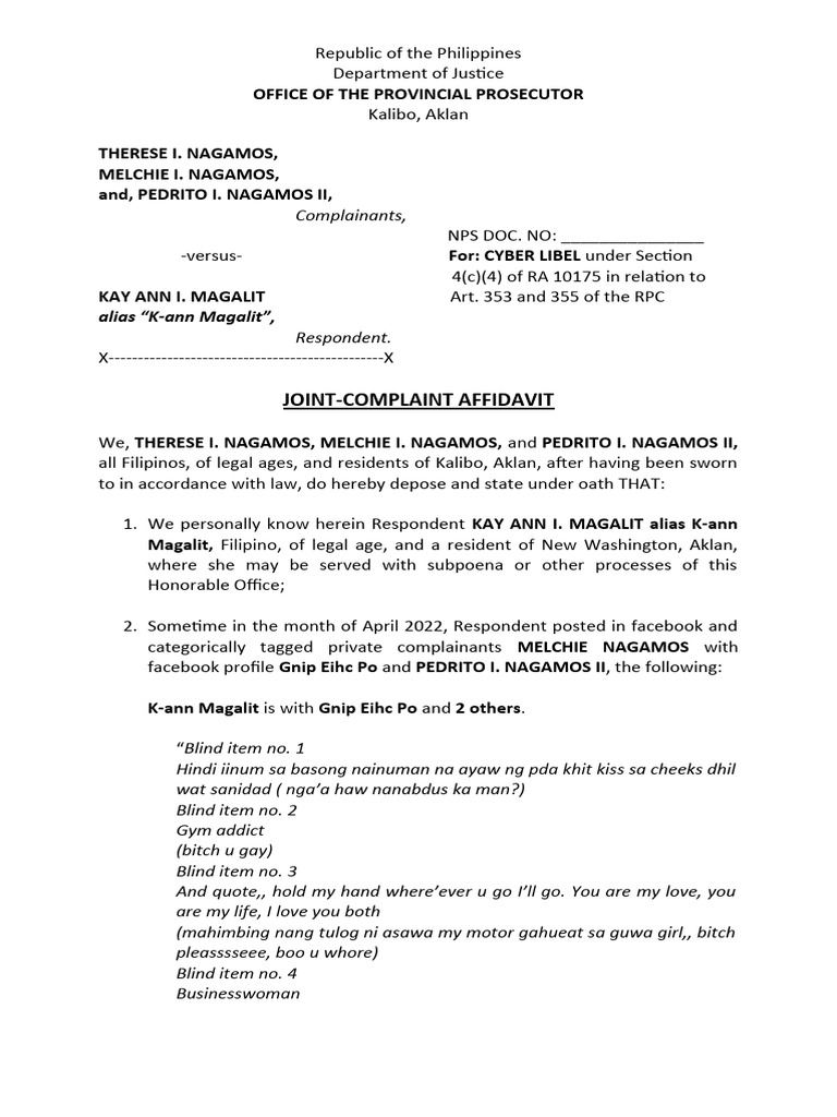 Complaint For Cyber Libel | PDF | Defamation | Affidavit