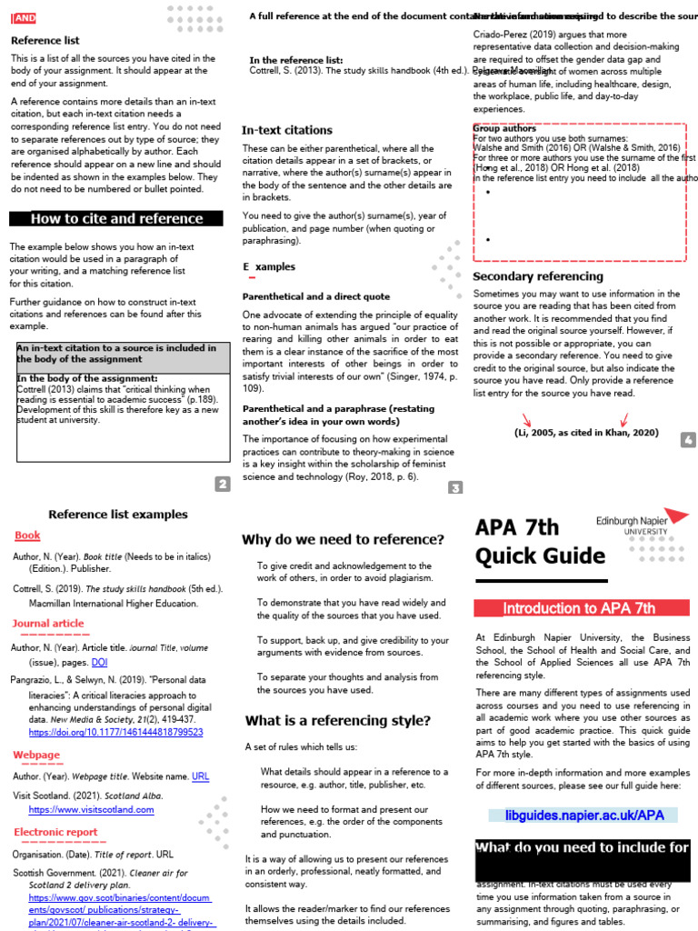 APA 7th Quick Guide - Current | PDF | Citation | Apa Style