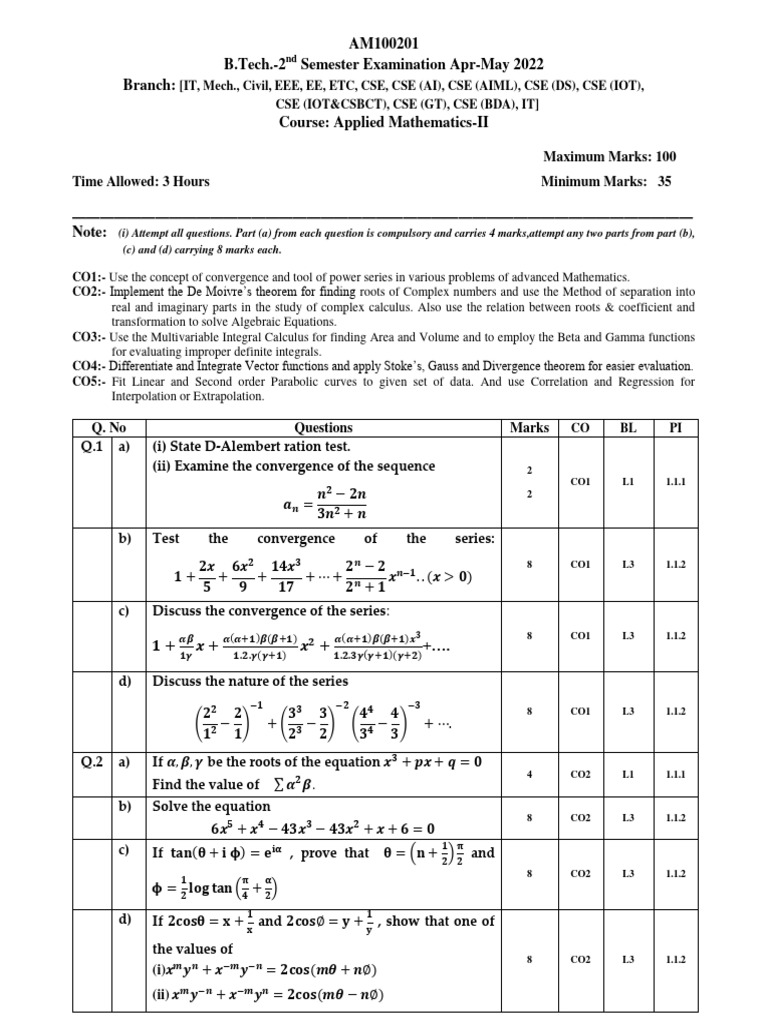 B.Tech Applied Mathematics-II Exam 2022 | PDF | Integral | Complex Number