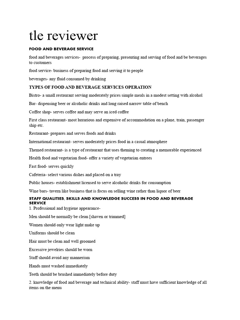 Tle Reviewer | PDF | Restaurants | Tableware