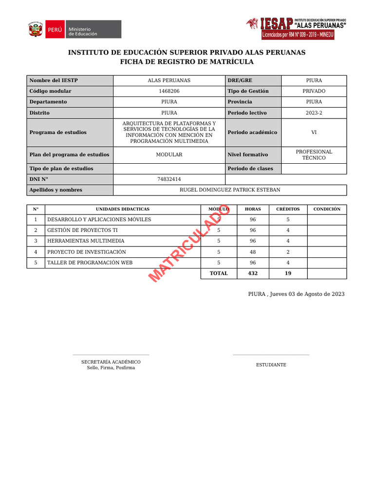 Ficha Matrícula 74832414-Aps Vi | PDF | Informática | Tecnologías de la información