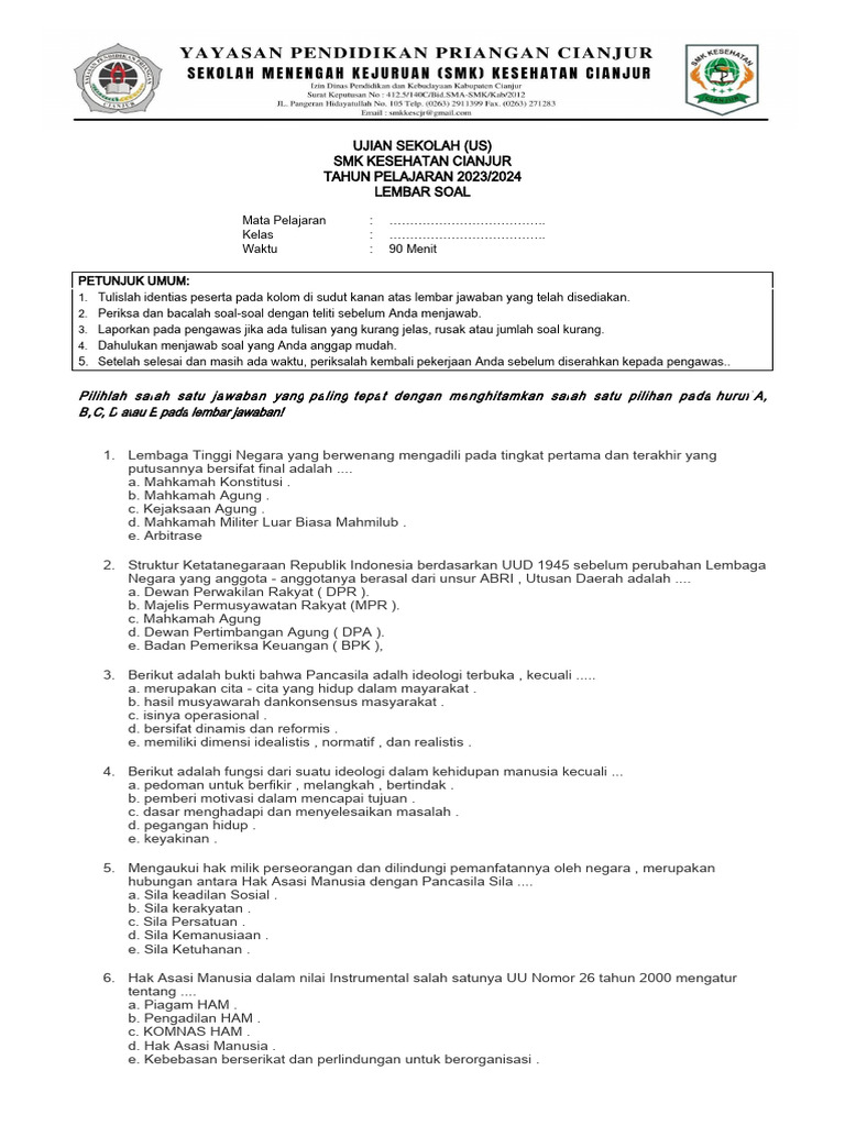 Format Soal Us 2023 2024 | PDF