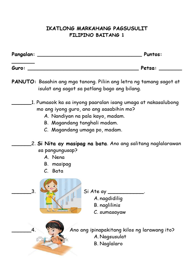 IKATLONG MARKAHANG PAGSUSULIT SA FILIPINO Grade 1 | PDF