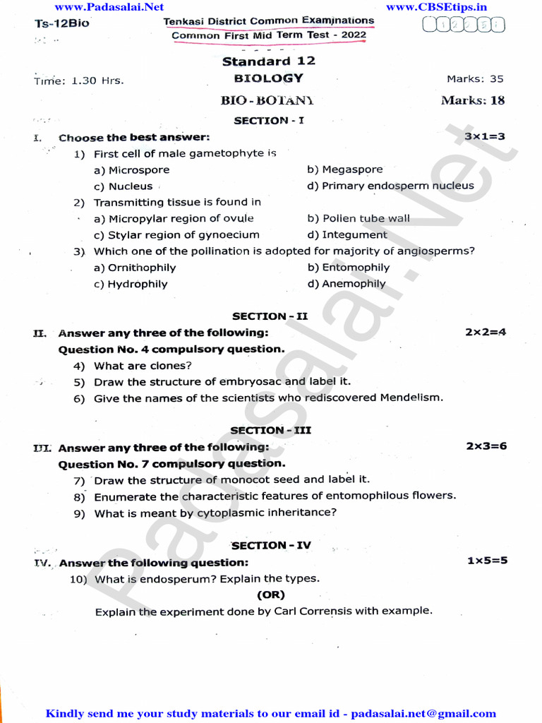12th Biology 1st Mid Term Exam 2022 Question Paper Tenkasi District ...