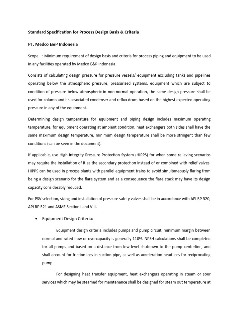 Process Design Basis (PT. Medco E&P Indonesia) | PDF | Valve | Pump