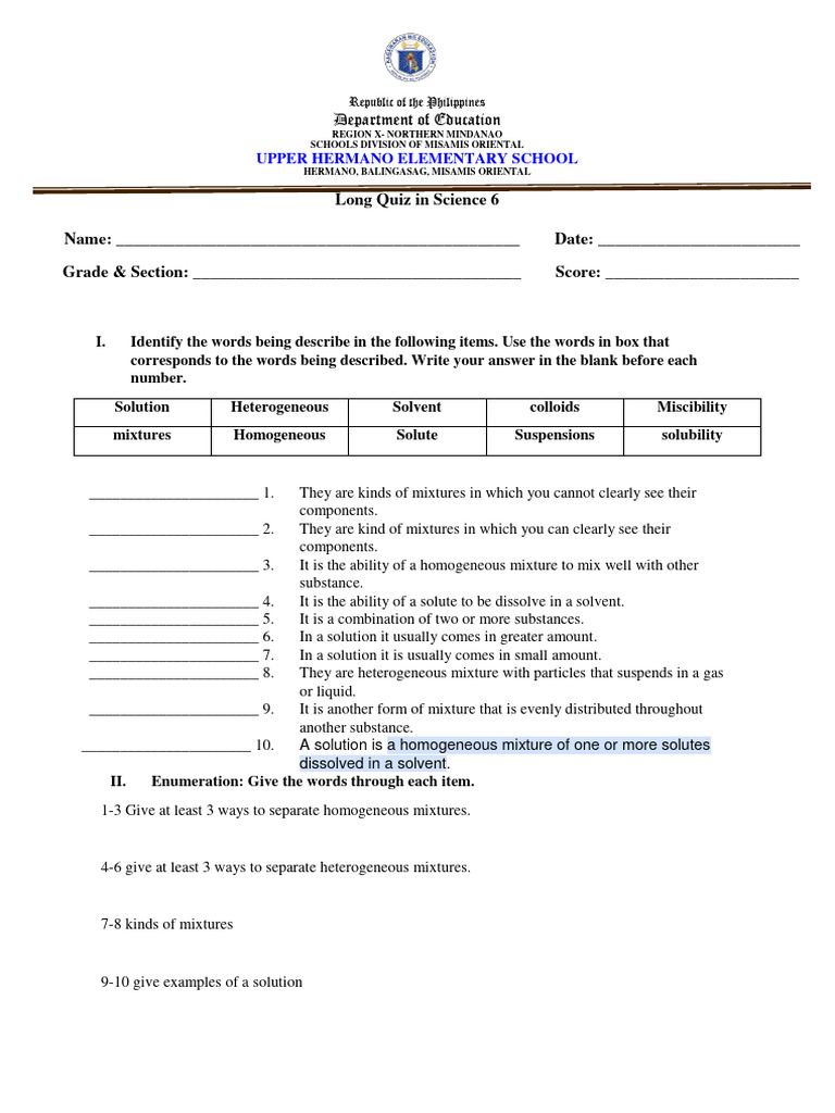 grade 6 week 1-2 quiz | PDF | Mixture | Chemistry