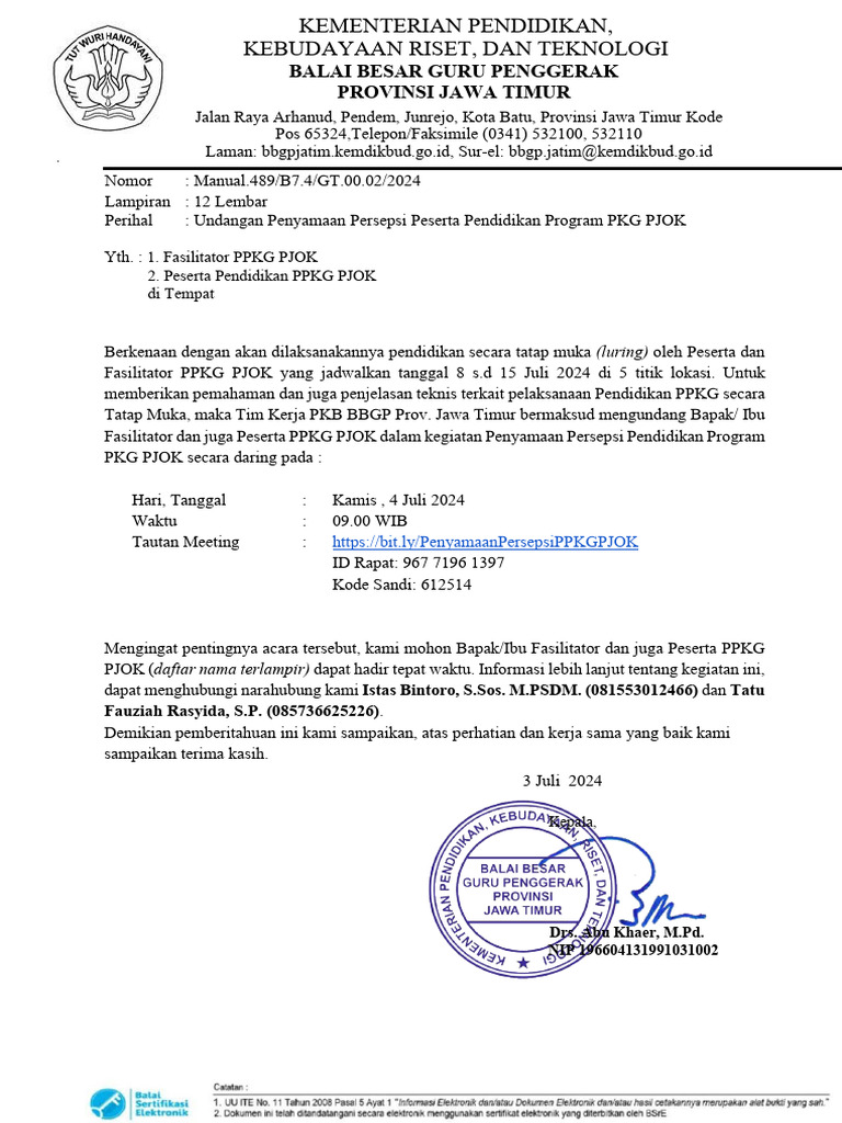 Undangan Coaching Clinik Pelatihan Pendidikan PPKG PJOK Fix | PDF