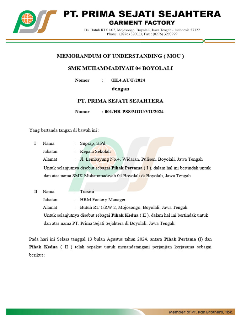 MoU PSS - SMK | PDF | Bisnis