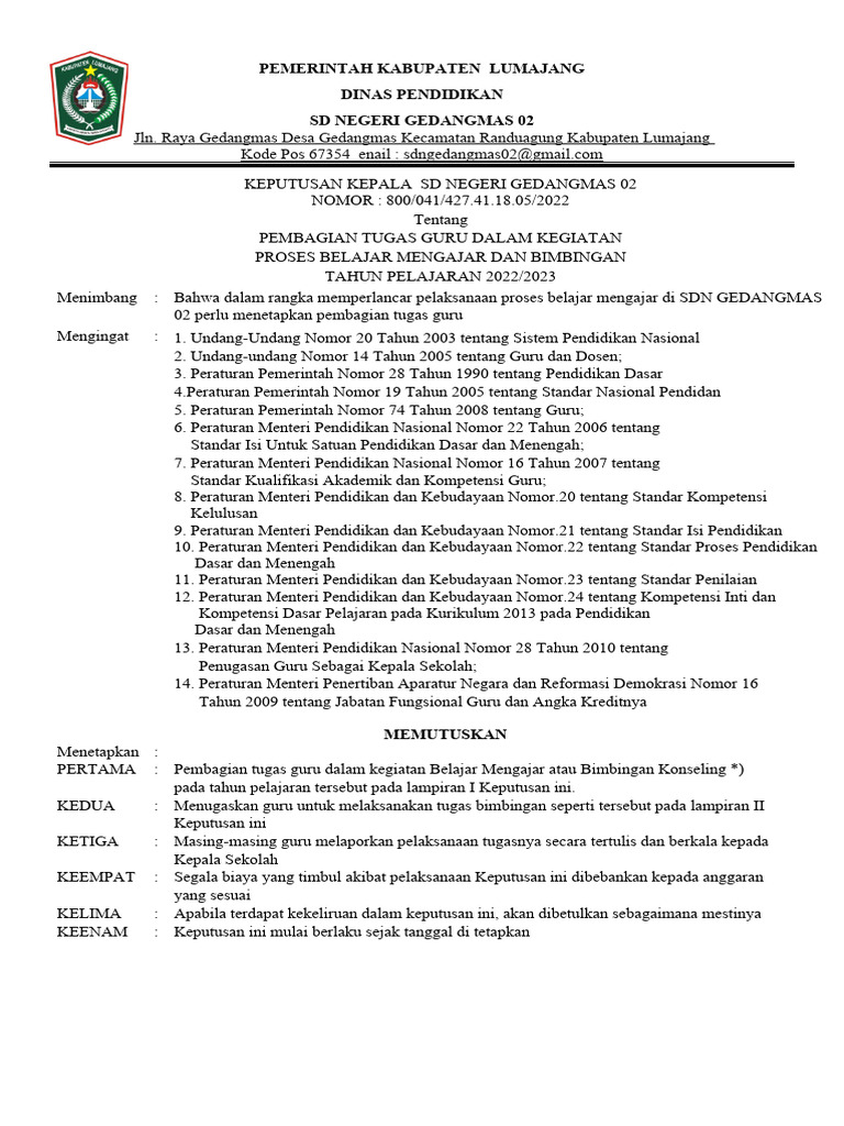 SK Pembagian Tugas 2022-2023 | PDF