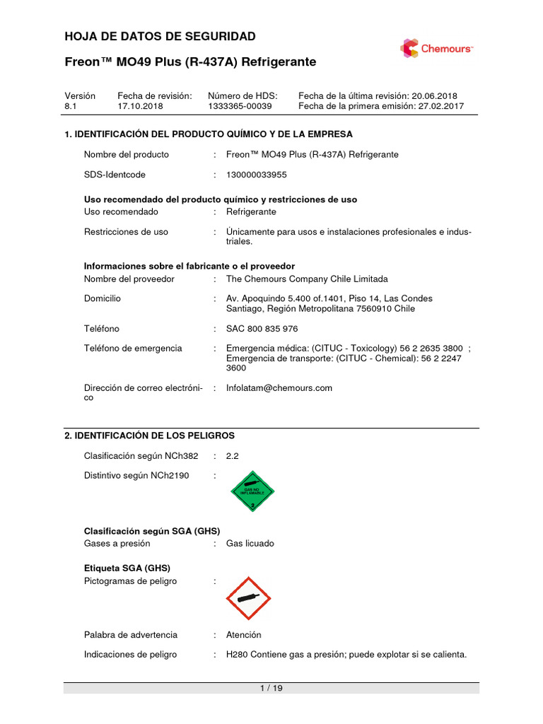 FDS Freon MO49 Plus - Chemours | PDF | Agua | Agente oxidante