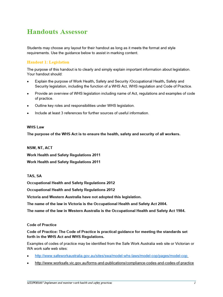 SITXWHS007 Handouts Assessor | PDF | Occupational Safety And Health ...